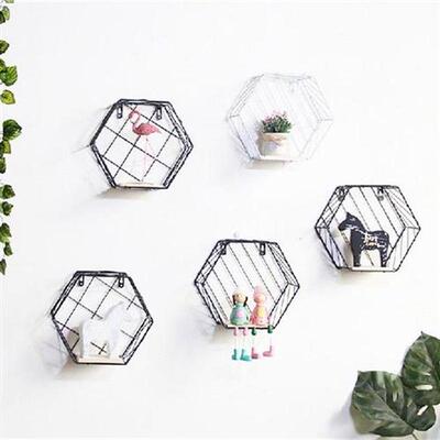 Iron Art Hexagonal Grid Wall Hangings Storage Shelf Living