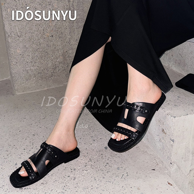 idosunyu欧货2026新款复古低跟方头穆勒鞋女搭扣露趾舒适百搭单鞋