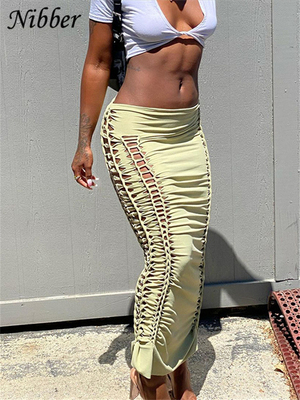 Nibber Summer Solid Color Skirt Hollow Fold Design Elastic W