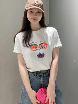 2026夏季新款圆领短袖印花纯棉T恤宽松休闲百搭减龄上衣女530082