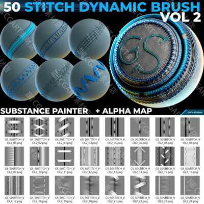 50种zbrush+Substance Painter缝纫线针线画笔sbsar缝线alpha笔刷