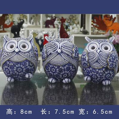 艺术装饰摆件青花猫头鹰不说不看礼品听家居时尚创意小摆件不摆件