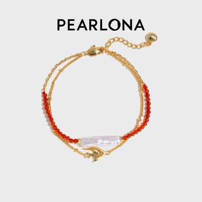 PEARLONA财神鱼银条鸿运珠叠戴手链红玛瑙新年礼物配饰巴洛克珍珠