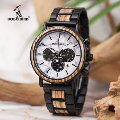 BOBO BIRD Marble Wooden Watch Men Stopwatch Wristwatch Male