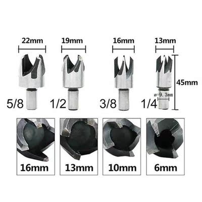 4 Pcs/set Wood Plug Hole Cutter Drill Bit Set 1/4, 3/8, 1/2,