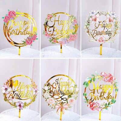 New Happy Birthday Cake Topper Golden Acrylic DIY Birthday
