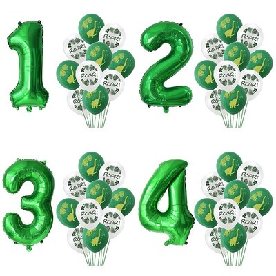 11Pcs Green Foil Number Balloons Dinosaur Latex Balloon