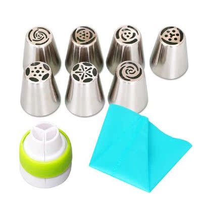 7PCS Russian Piping Tips and 1 Adaptor 1 Silicone EVA Bag