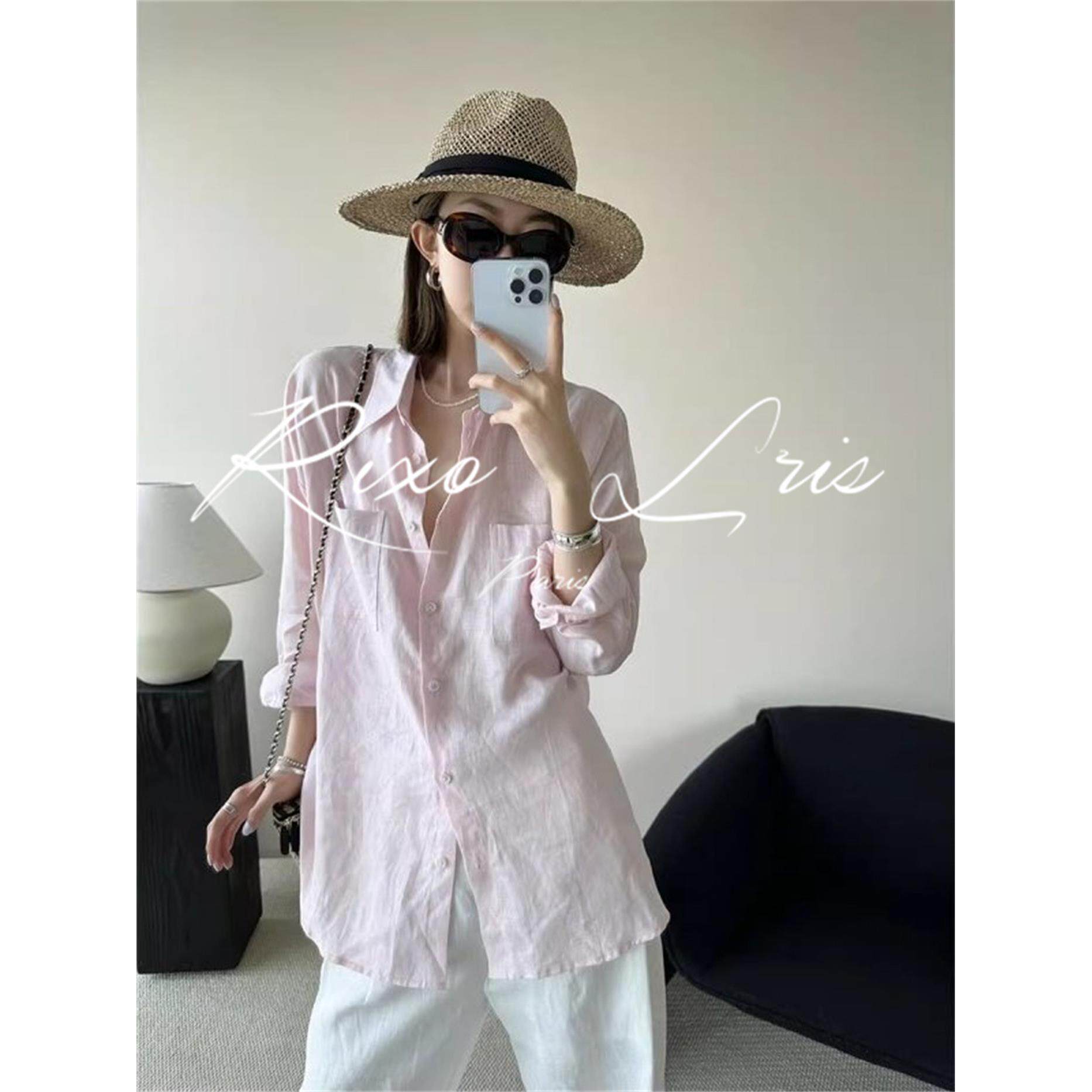 RIXO LRIS法式粉色苎麻棉麻衬衫女夏季薄款慵懒休闲长袖防晒上衣