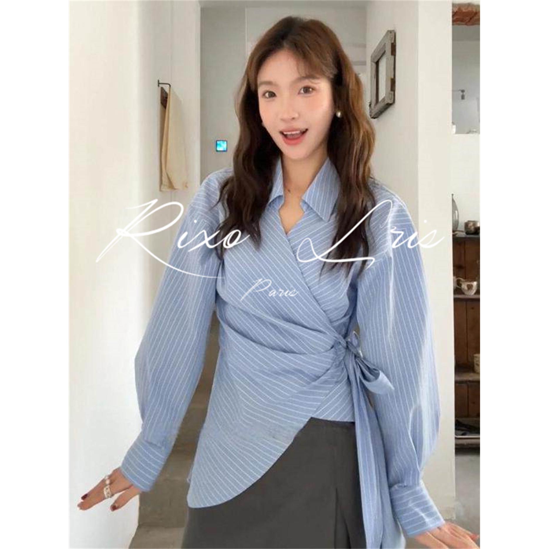 RIXO LRIS法式侧边系带气质衬衫女春秋新款收腰交叉条纹翻领上衣