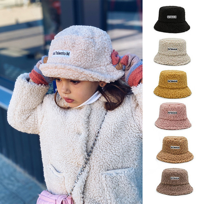 Winter Baby Girl Boy Bucket Hat Cute Lamb Wool Letter Kids F