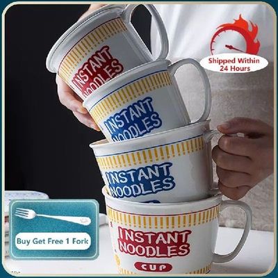 Mangkuk Mie Instan Keramik Jepang dengan Tutup dan Pegangan