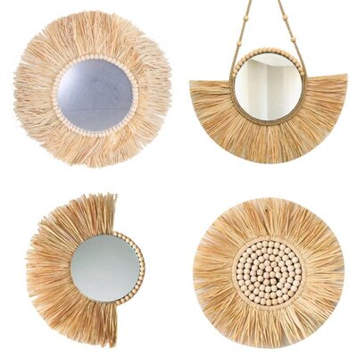 Moroccan Woven Straw Hanging Wall Mirror Boho Macrame Braide