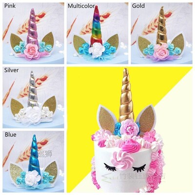 Unicorn Horns Cake Topper Gold Silver Pink Horn Ears Flower