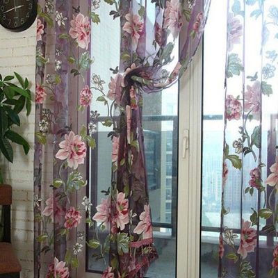 50%HOTDoor Blinds Window Peony Printed Transparent Tulle
