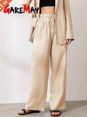 Cotton Linen Pants for Women Stacked Loose Vintage Solid Bas
