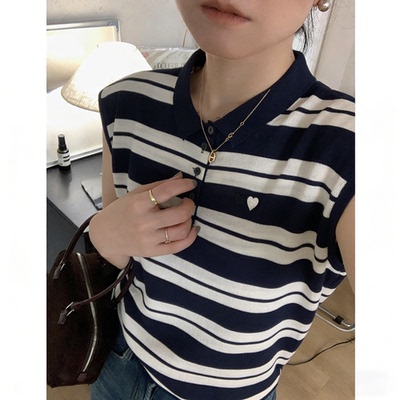 5151【100天丝莱赛尔】刺绣爱心条纹短袖t恤女夏季新款洋气显瘦