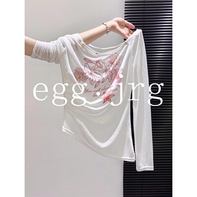 韩国EGG JRG斜领设计感印花长袖防晒衣夏季新款修身显瘦休闲上衣