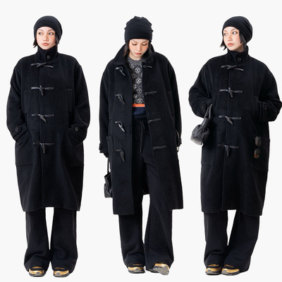 Link Exchange复活牛角扣长款羊绒大衣外套_直筒宽松慵懒松弛感