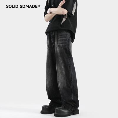 SOLIDSDMADE 美式复古水洗牛仔裤男夏季潮牌宽松直筒微喇休闲裤子