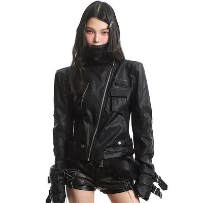 Retro Punk High Street Black Leather Jacket Zipper Jacket Sl