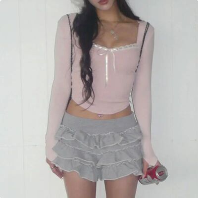 Mooyu Cute Bandage Bow Cropped Top Pink Sweet Coquette Sweet