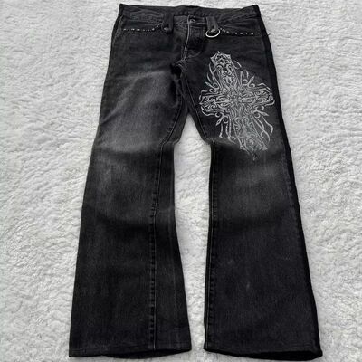 Y2K Black Washed Denim Pants Vintage Cross Leather Detail Mi