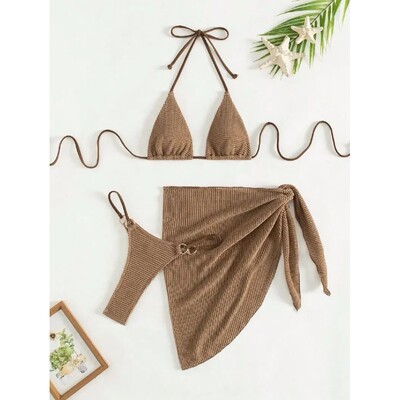 Sexy Brown Bikini Set 2026 Women Halter Push Up Bra Skirt 3