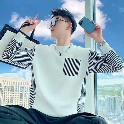Men's Striped Patchwork Crewneck Sweatshirt  Fashion Loose F