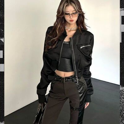 Y2k Bomber Jacket Women Baseball Jersey Jacket Zip Cropped C