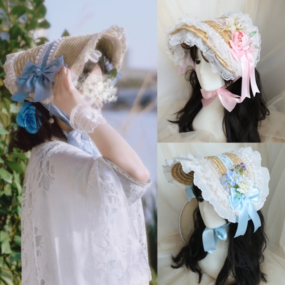 洛丽塔帽子蕾丝蝴蝶结田园扁帽汉洋折衷帽子lolita草帽法式bnt帽