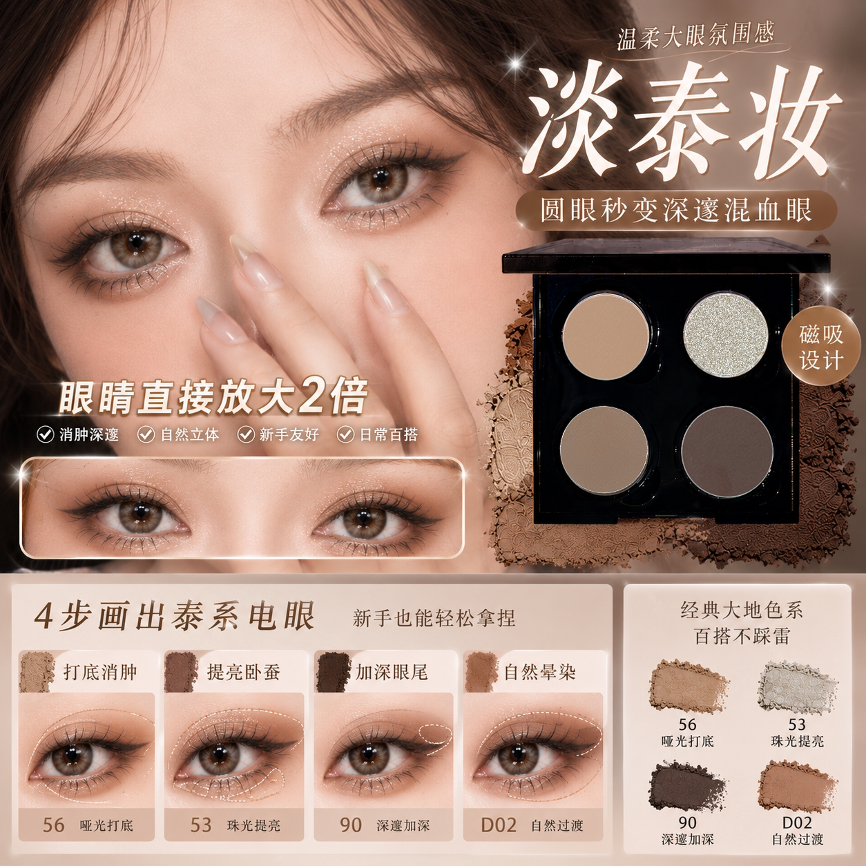 WOSUPRE淡泰妆四色磁吸眼影大地色哑光细闪新手消肿日常百搭便携X