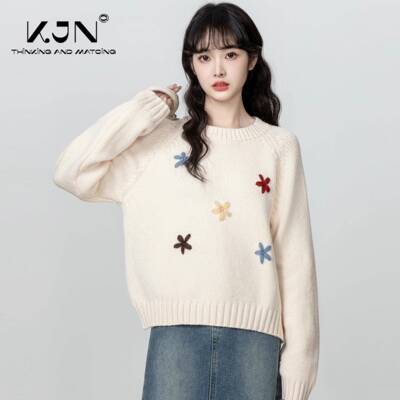 加短款DXH1FA15刺绣版毛衣女 225秋冬新款厚通勤0风宽松短小个子