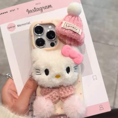 毛绒帽子KT猫适用iPhone16promax挂绳手机壳苹果15/13新款14/12女荔枝纹仿皮11pro Max软壳15plus可爱秋冬感
