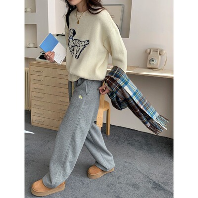 3th Morning 撞色抽绳小狗刺绣宽松束脚阔腿加绒卫裤ZY2580