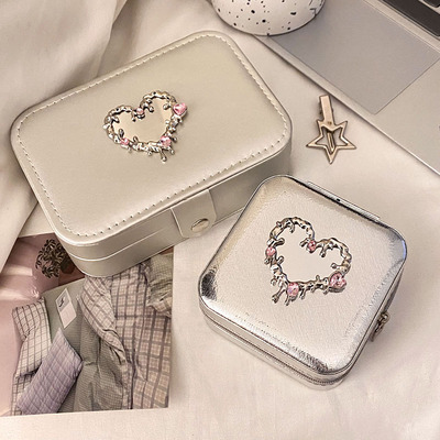 便携爱心镜首饰收纳盒旅行小巧高档精致大容量耳环戒指项链饰品盒
