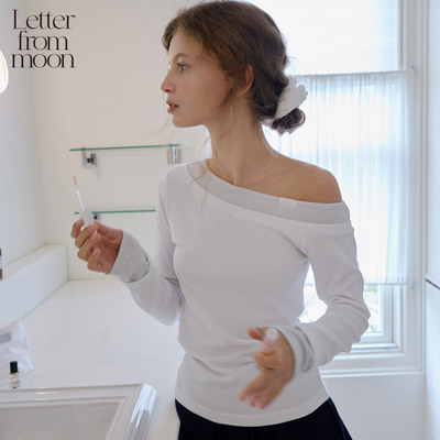 Letter from moon 2025秋季新款假两件拼接长袖T恤斜领露肩女上衣