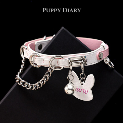 Puppy*粉白兔项圈女m铃铛刻字吊牌choker颈圈项链牵引链脖圈男