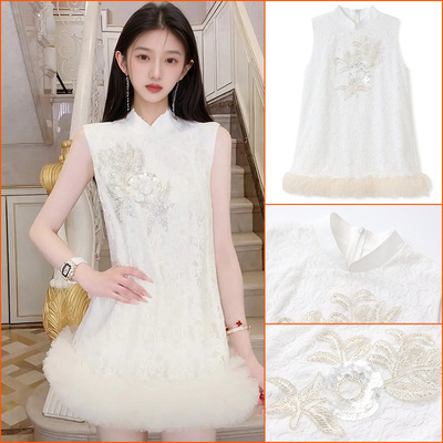 2025夏季新款国风刺绣气质立领短裙新中式下摆拼接连衣裙女 N4064