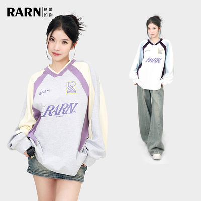 RARN/热爱如你 拼接撞色V领长袖T恤RA24AW039