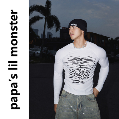 PAPASLILMONSTER【线条艺术】美式印花图案长袖T恤紧身打底衫上衣