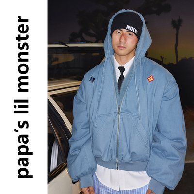 PAPASLILMONSTER【原创】美式工装两面穿男秋冬字母刺绣棉衣外套