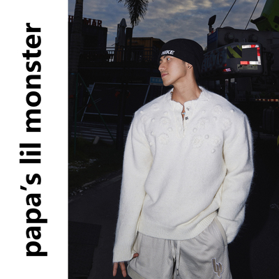 PAPASLILMONSTER 美式复古亨利领手工立体花卉针织套头毛衣男女