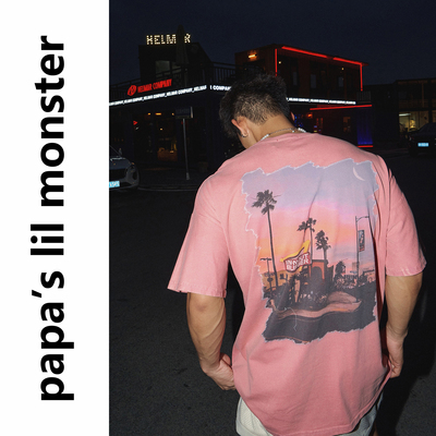 lil monster夏日美式街头休闲T恤 夏季洗水做旧风格印花圆领短袖