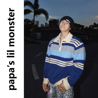 PAPASLILMONSTER【条纹拼色】美式复古宽松休闲毛衣翻领针织衫男