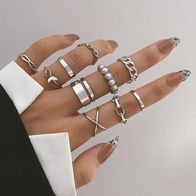 10Pcs/Set Bohemian Geometric Metal Ring Set Women