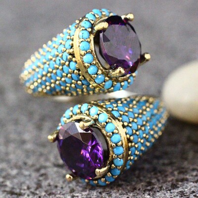 Vintage Gold Color Turquoises Beaded Opening Ring For Women