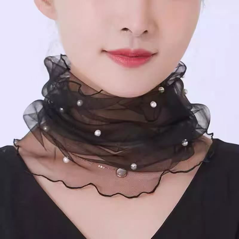 蕾丝网纱围脖护脖子防晒丝巾夏季薄款护颈脖套女洋气夏天套脖围巾