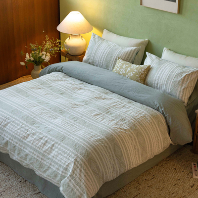 细雨四件套 Refresh芮夫 全棉提花条纹绿色被套床单笠2026新款