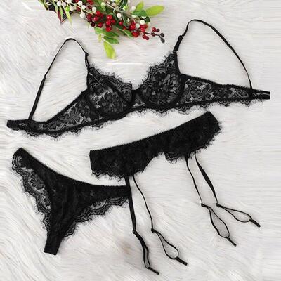 Three-piece sexy sexy lace bra panty garter belt